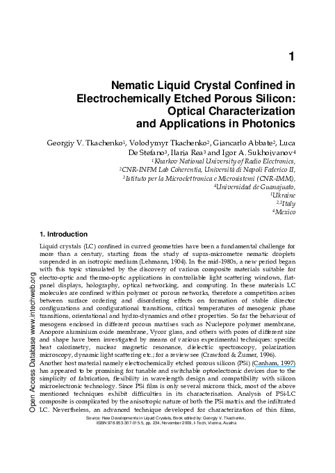 (PDF) Nematic Liquid Crystal Confined in Electrochemically Etched Porous Silicon: Optical ...
