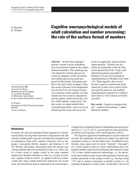 (PDF) Cognitive neuropsychological models of adult calculation and ...