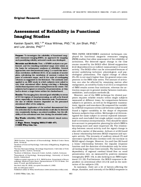 (PDF) Assessment of reliability in functional imaging studies
