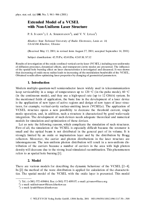 (PDF) Extended Model of a VCSEL with Non‐Uniform Laser Structure