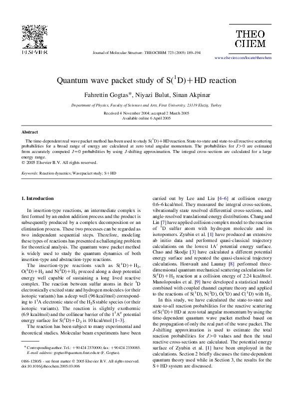 (PDF) Quantum wave packet study of S (1 D)+ HD reaction