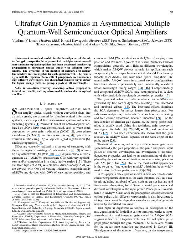 (PDF) Ultrafast gain dynamics in asymmetrical multiple quantum-well semiconductor optical amplifiers