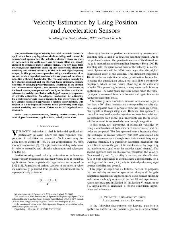 (PDF) Velocity Estimation by Using Position and Acceleration Sensors