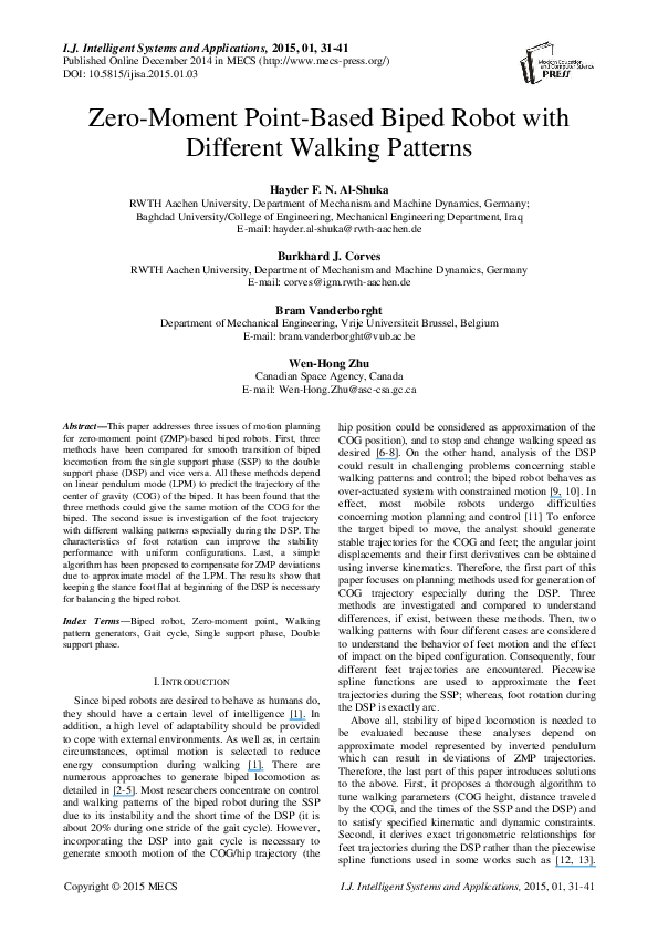 Pdf Zero Moment Point Based Biped Robot With Different Walking Patterns