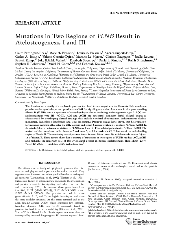 (PDF) Mutations in two regions of FLNB result in atelosteogenesis I and ...