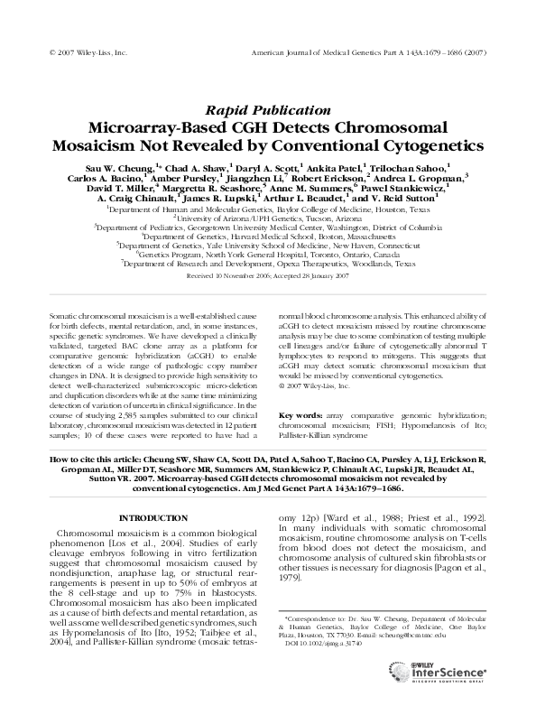 (PDF) Microarray-based CGH detects chromosomal mosaicism not revealed ...
