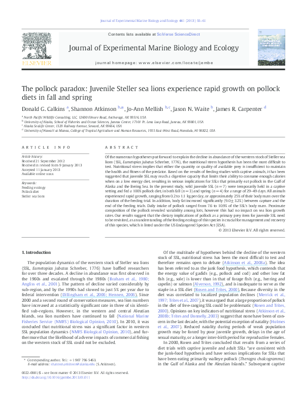 (PDF) The pollock paradox: Juvenile Steller sea lions experience rapid ...