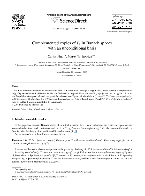Pdf Complemented Copies Of In Banach Spaces With An Unconditional Basis