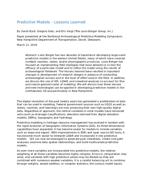 (DOC) Predictive Models – Lessons Learned