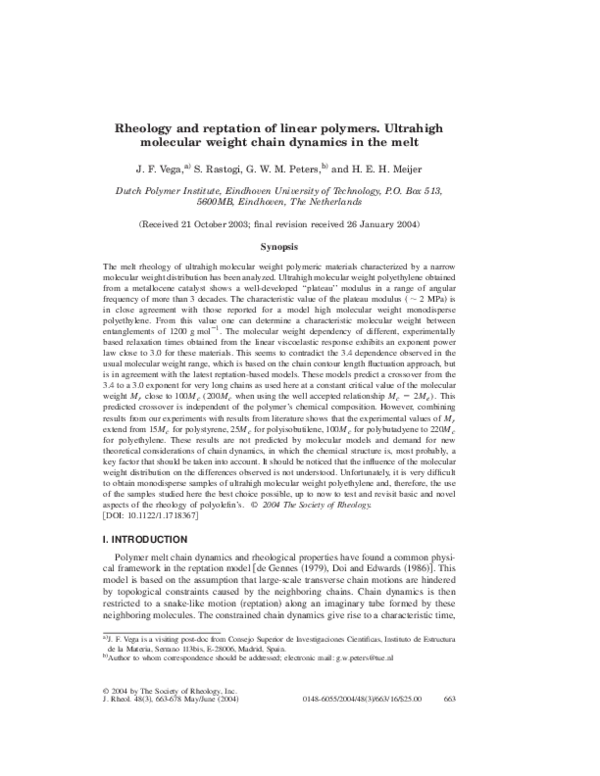 (PDF) Rheology and reptation of linear polymers. Ultrahigh molecular weight chain dynamics in ...