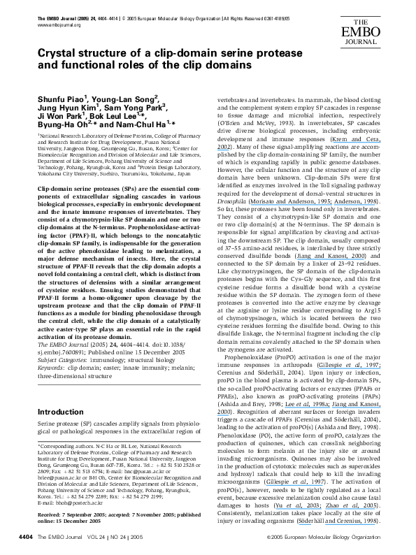 (PDF) Crystal structure of a clip-domain serine protease and functional ...