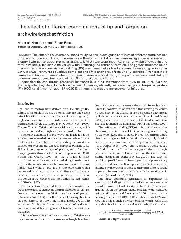 Pdf The Effect Of Different Combinations Of Tip And Torque On Archwirebracket Friction