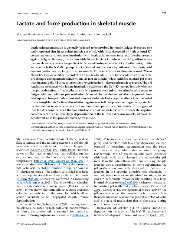 (PDF) Lactate and force production in skeletal muscle