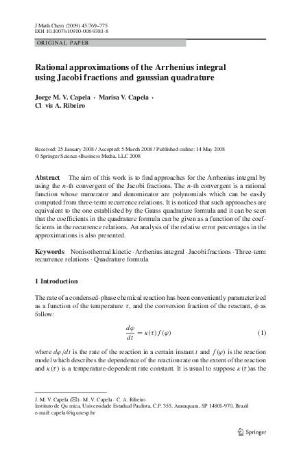 (PDF) Rational approximations of the Arrhenius integral using Jacobi fractions and gaussian ...
