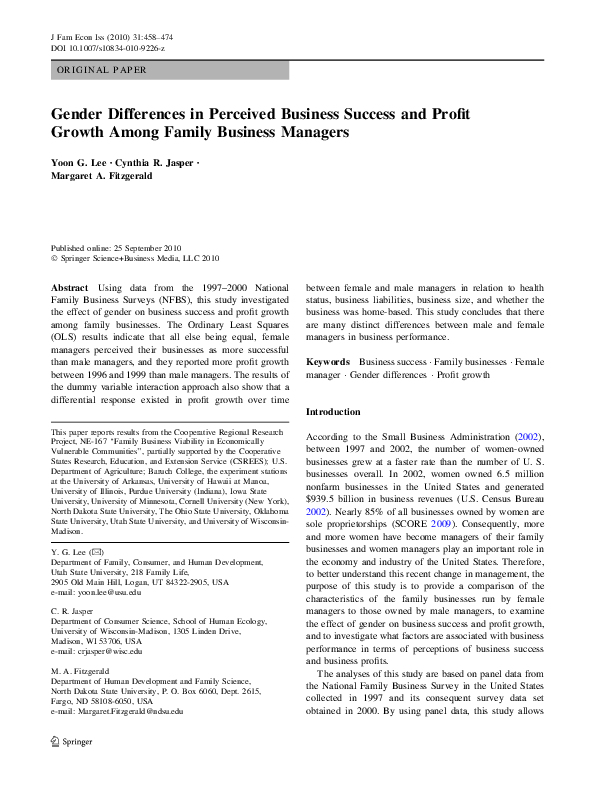 (PDF) Gender Differences in Perceived Business Success and Profit Growth Among Family Business ...