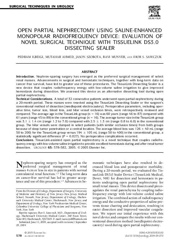 (PDF) Open partial nephrectomy using saline-enhanced monopolar ...