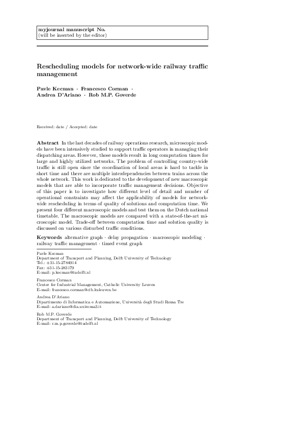 (PDF) Rescheduling models for network-wide railway traffic management