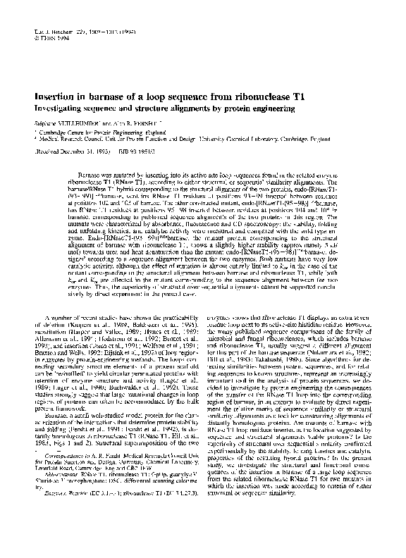 (PDF) Insertion in barnase of a loop sequence from ribonuclease T1 ...