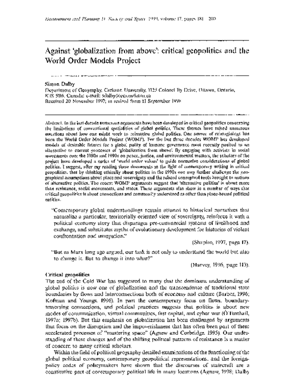 (PDF) Against 'globalization from above': critical geopolitics and the ...