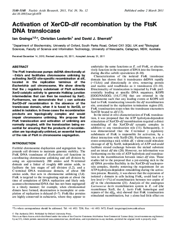 (PDF) Activation of XerCD-dif recombination by the FtsK DNA translocase