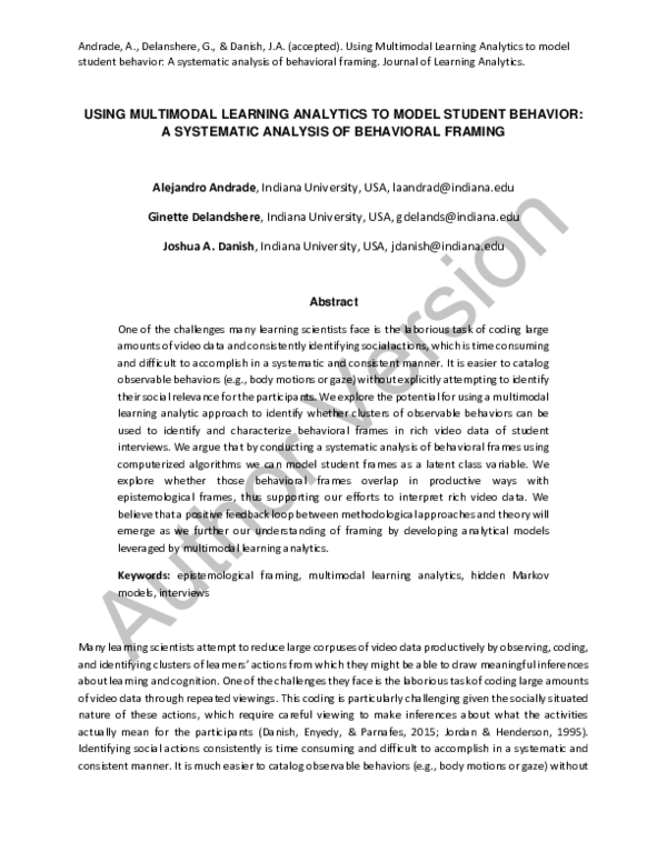 USING MULTIMODAL LEARNING ANALYTICS TO MODEL STUDENT BEHAVIOR: A SYSTEMATIC ANALYSIS OF ...