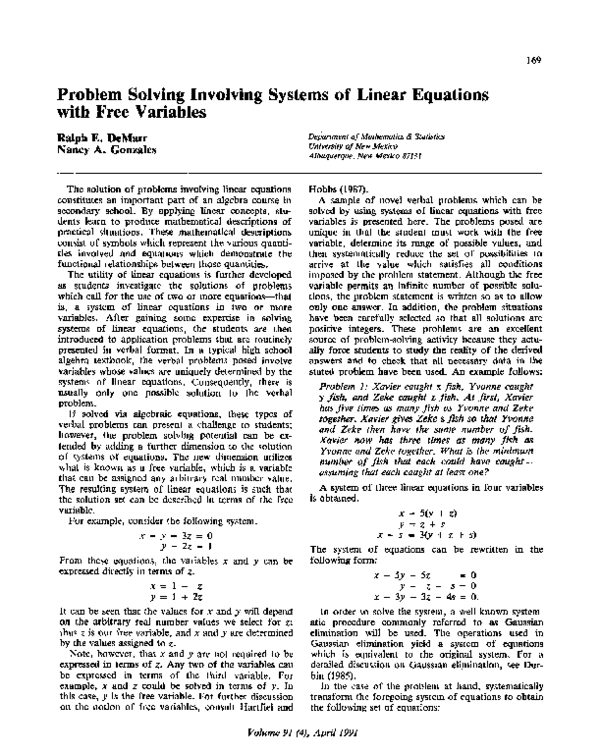 (PDF) Problem Solving Involving Systems of Linear Equations with Free Variables