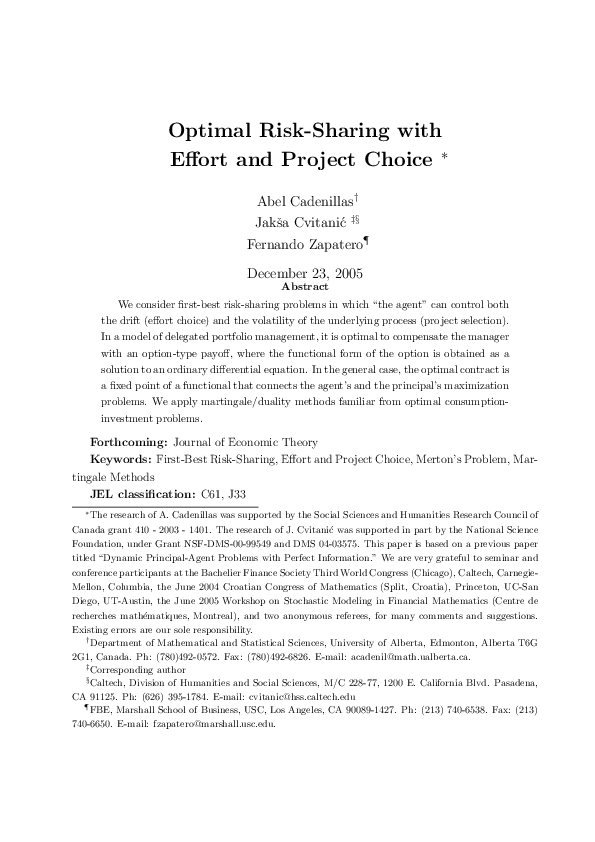(PDF) Optimal risk-sharing with effort and project choice