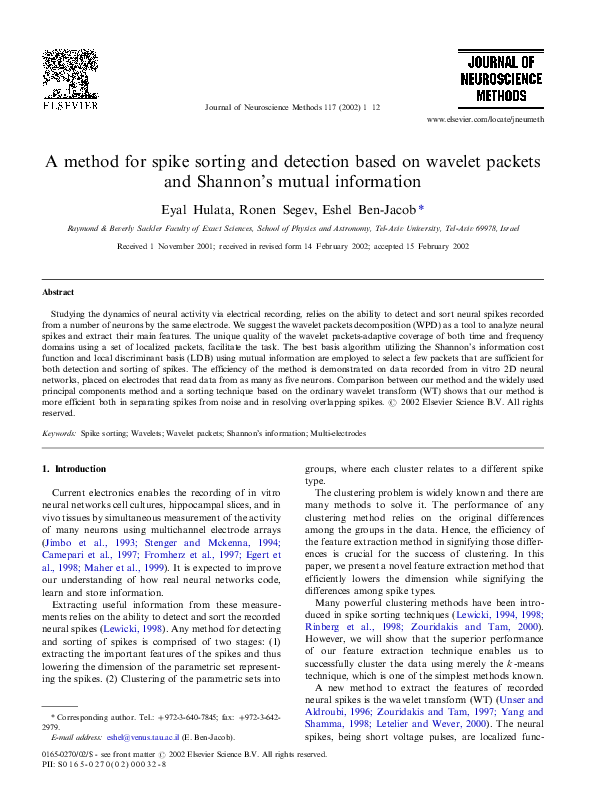 (PDF) A method for spike sorting and detection based on wavelet packets and Shannon's mutual ...