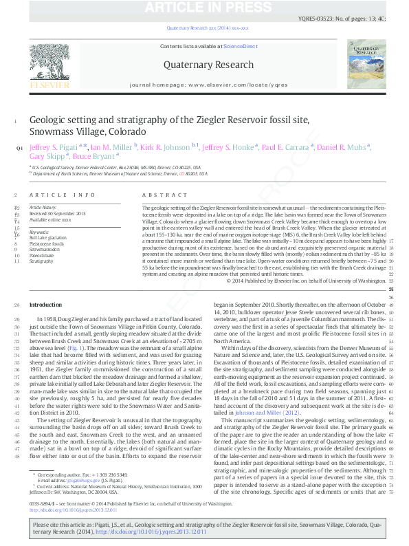 (PDF) Geologic setting and stratigraphy of the Ziegler Reservoir fossil ...
