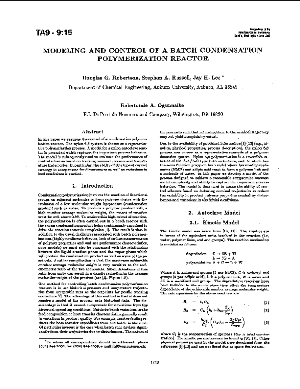 Pdf Modeling And Control Of A Batch Condensation Polymerization Reactor