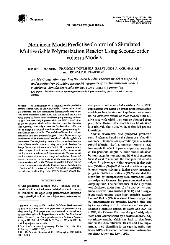 Pdf Nonlinear Model Predictive Control Of A Simulated Multivariable Polymerization Reactor