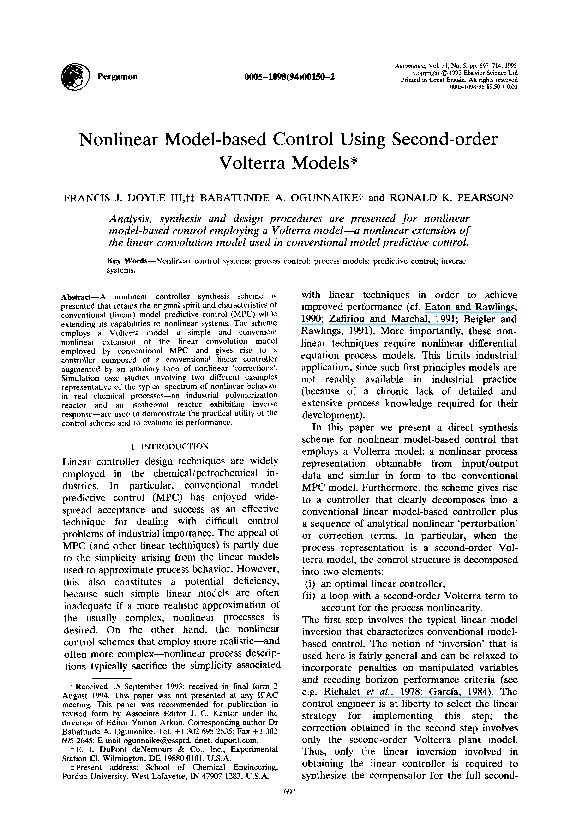 Pdf Nonlinear Model Based Control Using Second Order Volterra Models Babatunde Ogunnaike