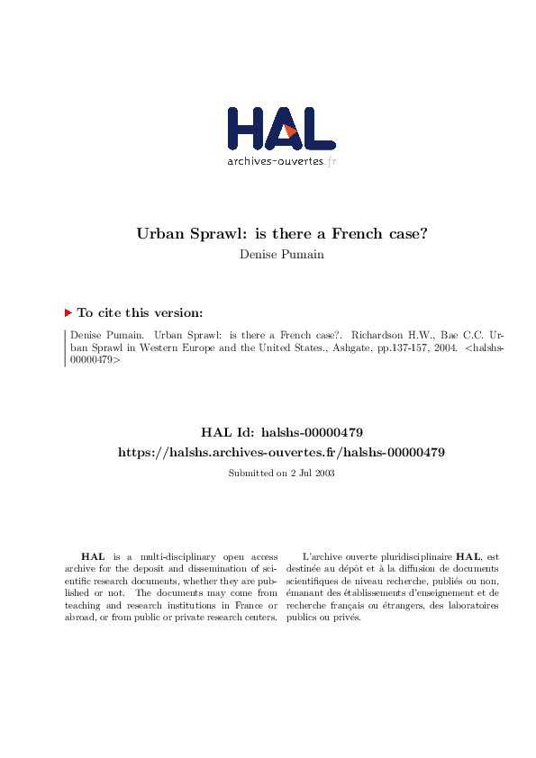 (PDF) Urban Sprawl: Is There a French Case?