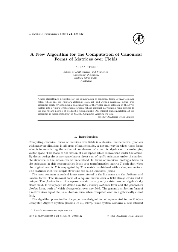 A New Algorithm For The Computation Of Canonical Forms Of Matrices Over