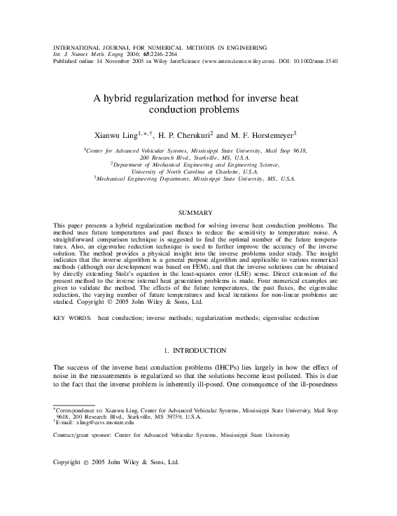 Pdf A Hybrid Regularization Method For Inverse Heat Conduction Problems