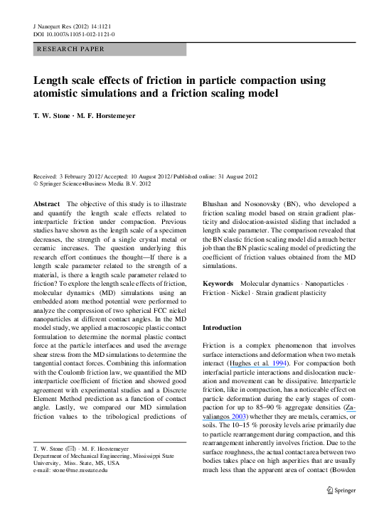 Pdf Length Scale Effects Of Friction In Particle Compaction Using Atomistic Simulations And A