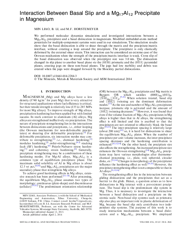 (PDF) Interaction Between Basal Slip and a Mg17Al12 Precipitate in ...