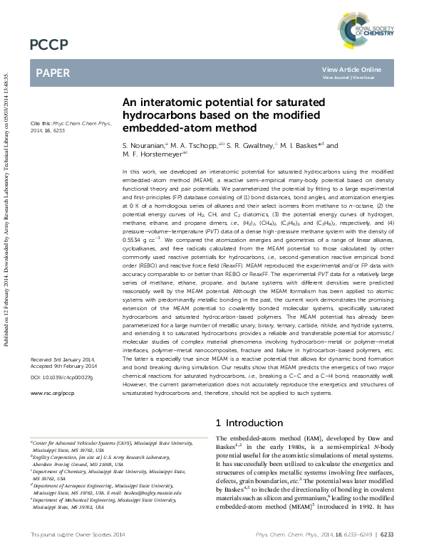 (PDF) An interatomic potential for saturated hydrocarbons based on the modified embedded-atom method