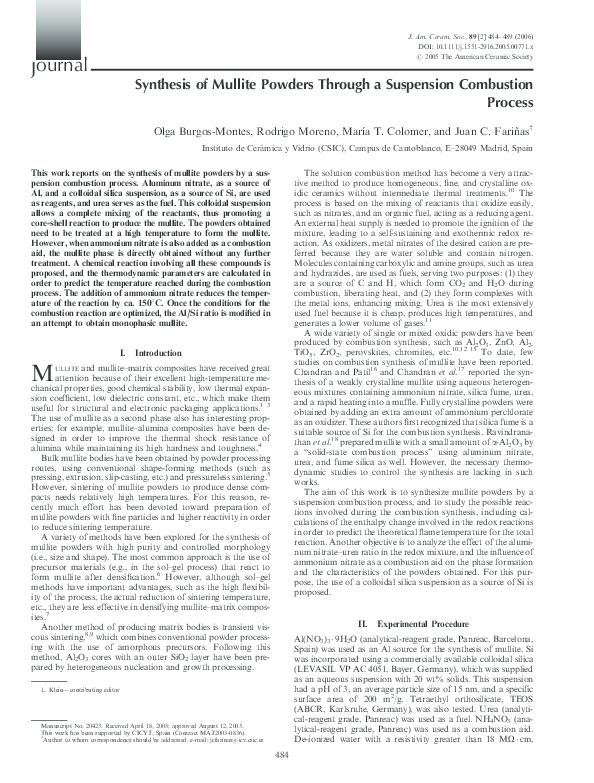 (PDF) Synthesis of mullite powders through a suspension combustion process