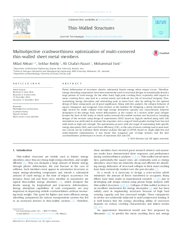 Pdf Multiobjective Crashworthiness Optimization Design Of