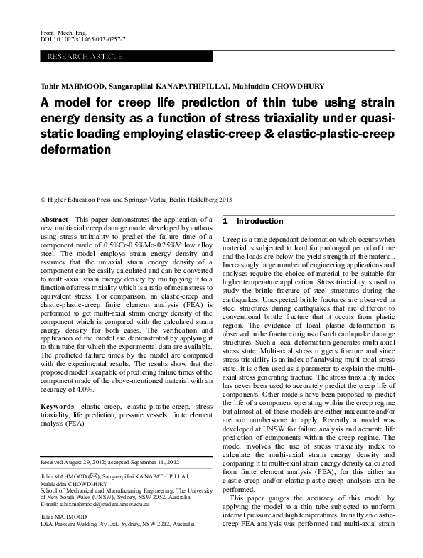 (PDF) A model for creep life prediction of thin tube using strain ...