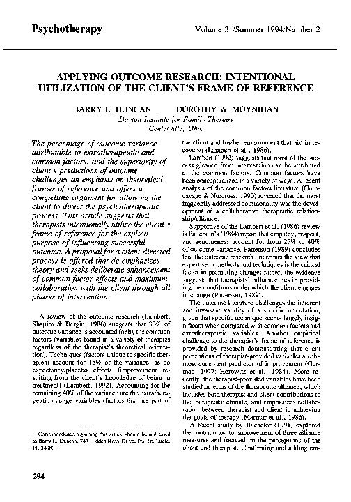 (PDF) Applying outcome research: Intentional utilization of the client's frame of reference
