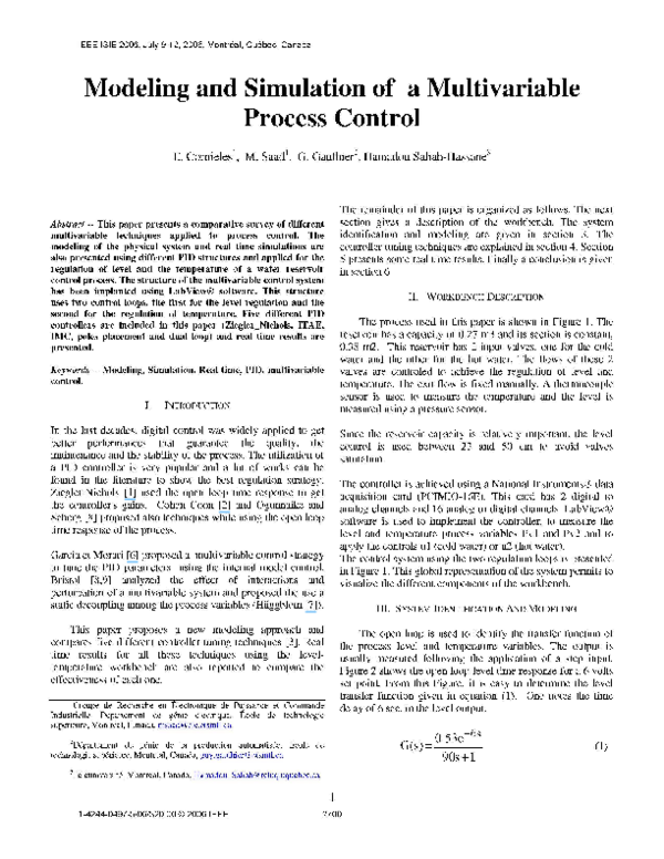 Pdf Modeling And Simulation Of A Multivariable Process Control