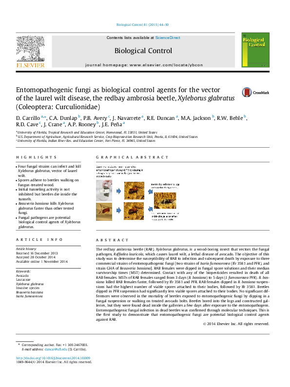 (PDF) Entomopathogenic fungi as biological control agents for the vector of the laurel wilt ...
