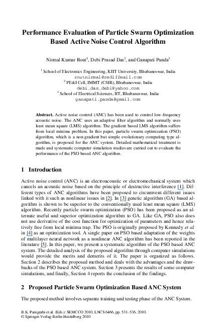 Pdf Performance Evaluation Of Particle Swarm Optimization Based Active Noise Control Algorithm