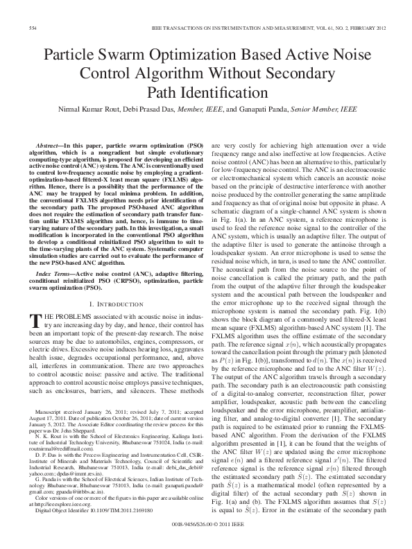 Pdf Particle Swarm Optimization Based Active Noise Control Algorithm Without Secondary Path