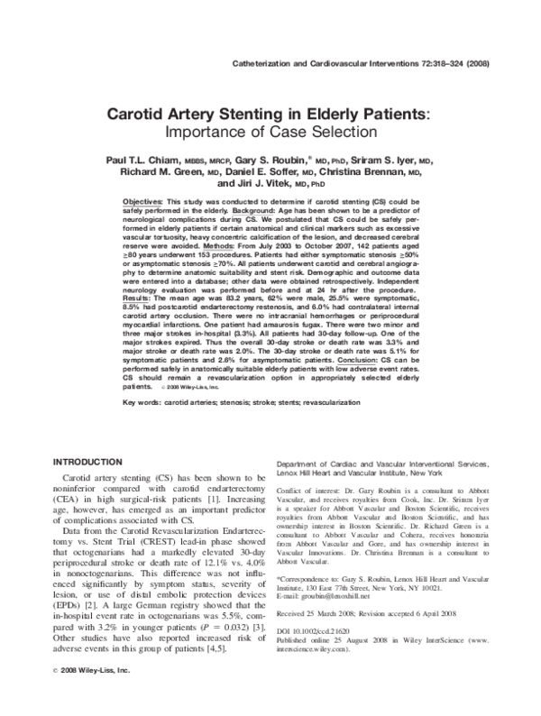 (PDF) Carotid artery stenting in elderly patients: Importance of case ...