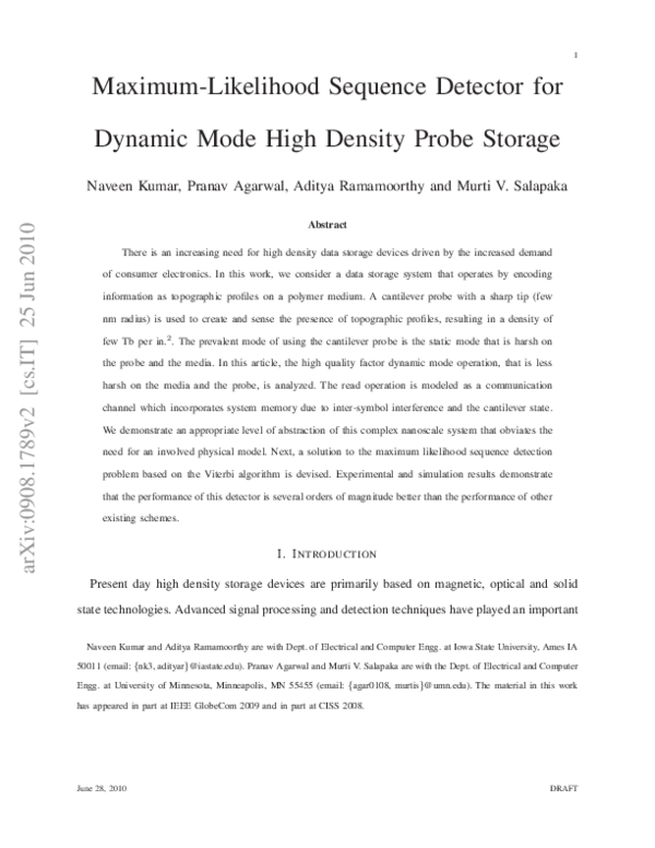 Pdf Maximum Likelihood Sequence Detector For Dynamic Mode High Density Probe Storage