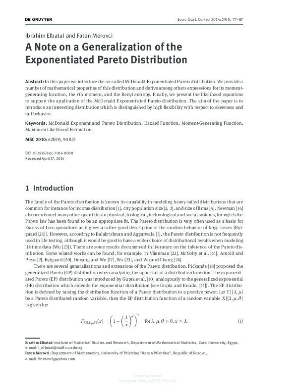 Pdf A Note On A Generalization Of The Exponentiated Pareto Distribution