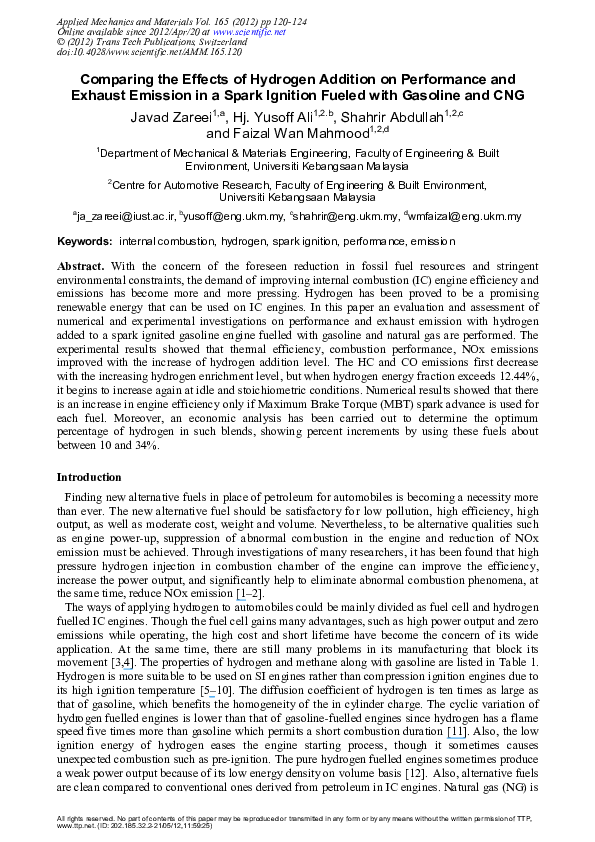 (PDF) Comparing the Effects of Hydrogen Addition on Performance and Exhaust Emission in a Spark ...